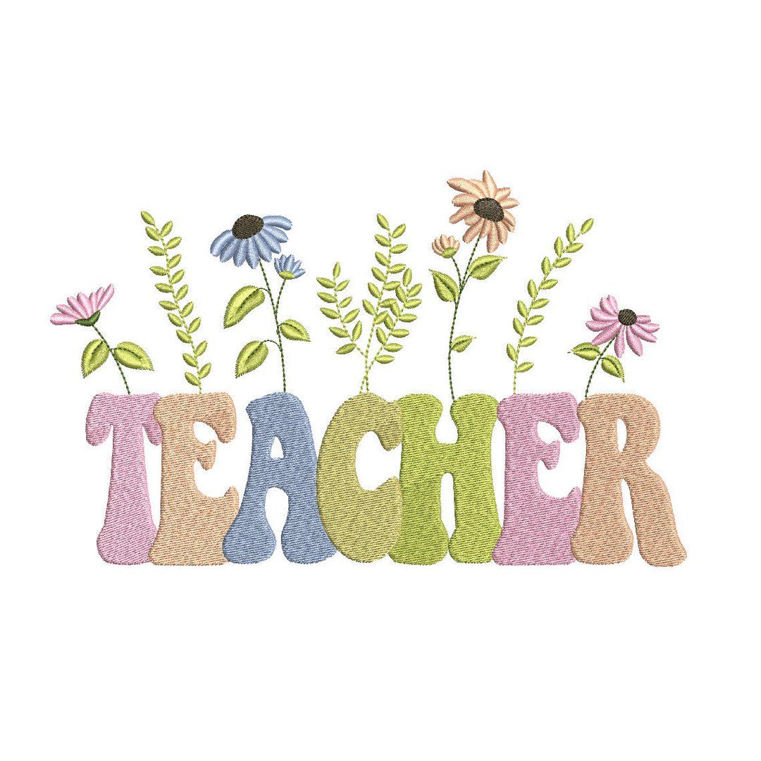 Teacher Flower Embroidery Design, Teacher Retro Embroidery Design ...