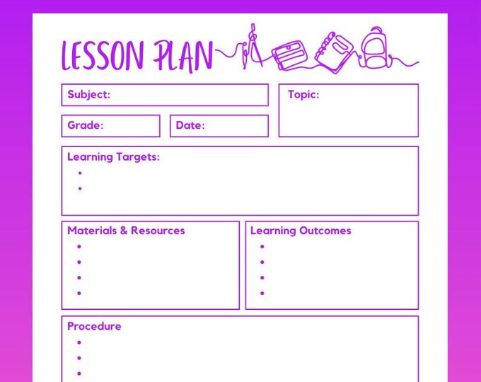 Purple and Pink Lesson Plan Template for Teachers Digital Download - Etsy