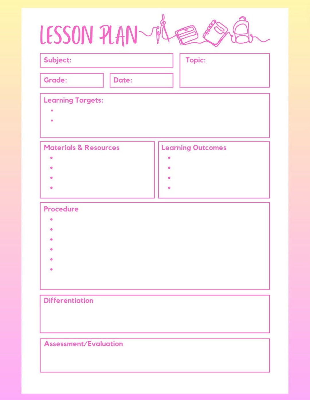 Pink Lesson Plan Template for Teachers Digital Download - Etsy Australia