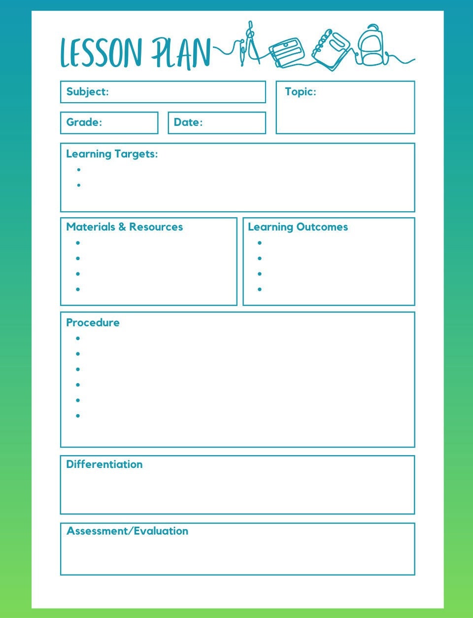 Blue Lesson Plan Template for Teachers Digital Download - Etsy