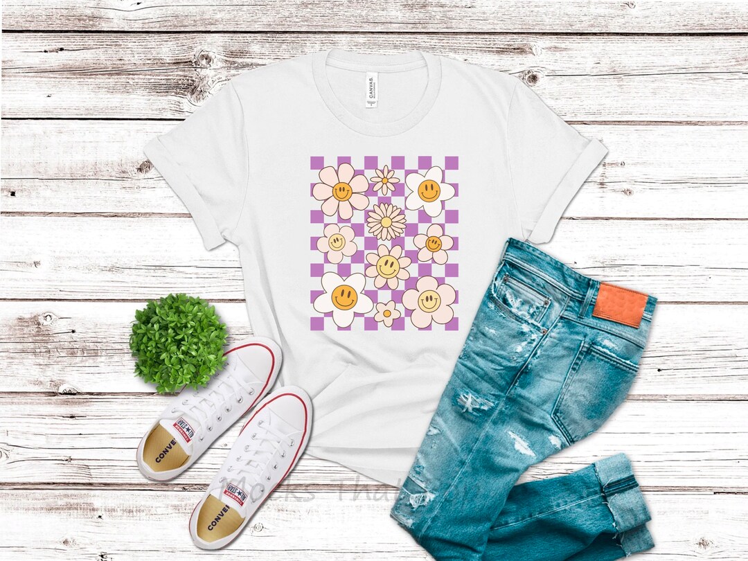 Lavender Purple Smiley Flowers Checkerboard Good Vibes Happy Design ...