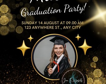 Graduation Party Invitation, Grad Invites, Black and Gold Graduation ...