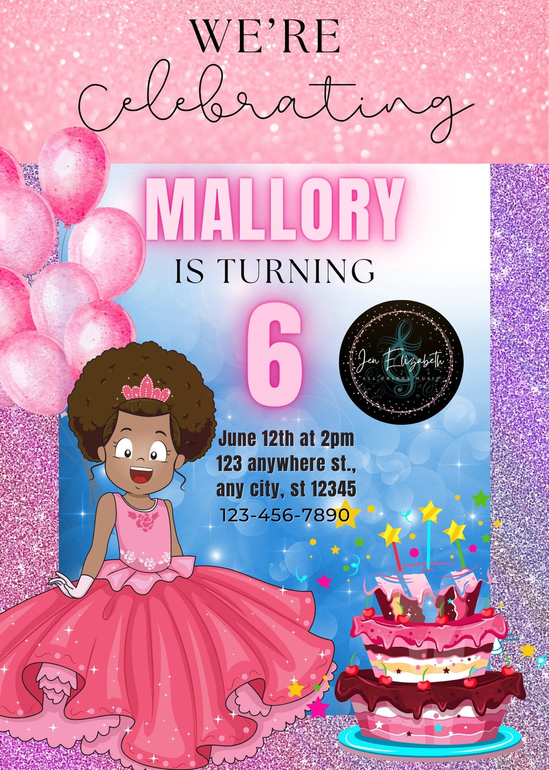 Pink Princess Birthday Invitation Template, African American Princess ...