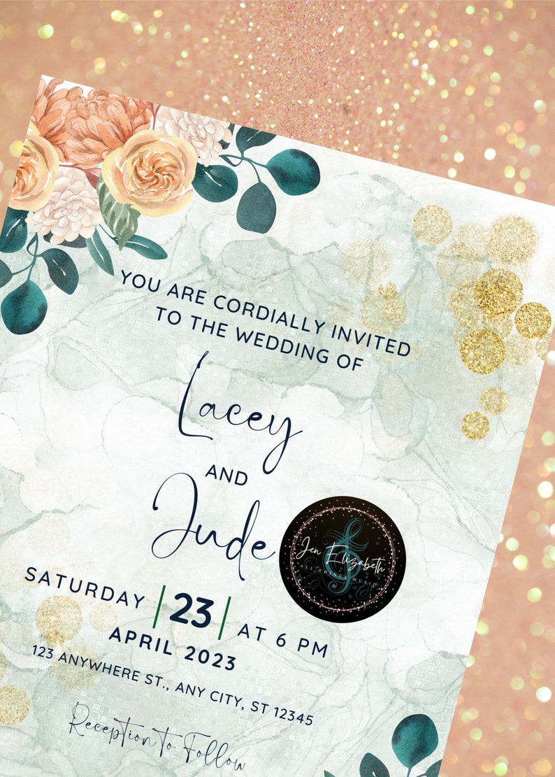 Peach Teal Gold Speck Wedding Invitation Template, Peach Wedding, Bride and Groom, Getting ...