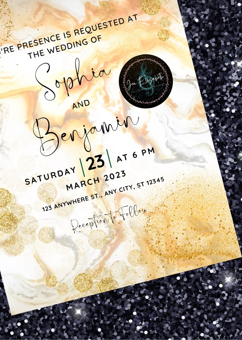 Gold Glitter Marble Wedding Invitation Template, Gold Wedding, Marble ...