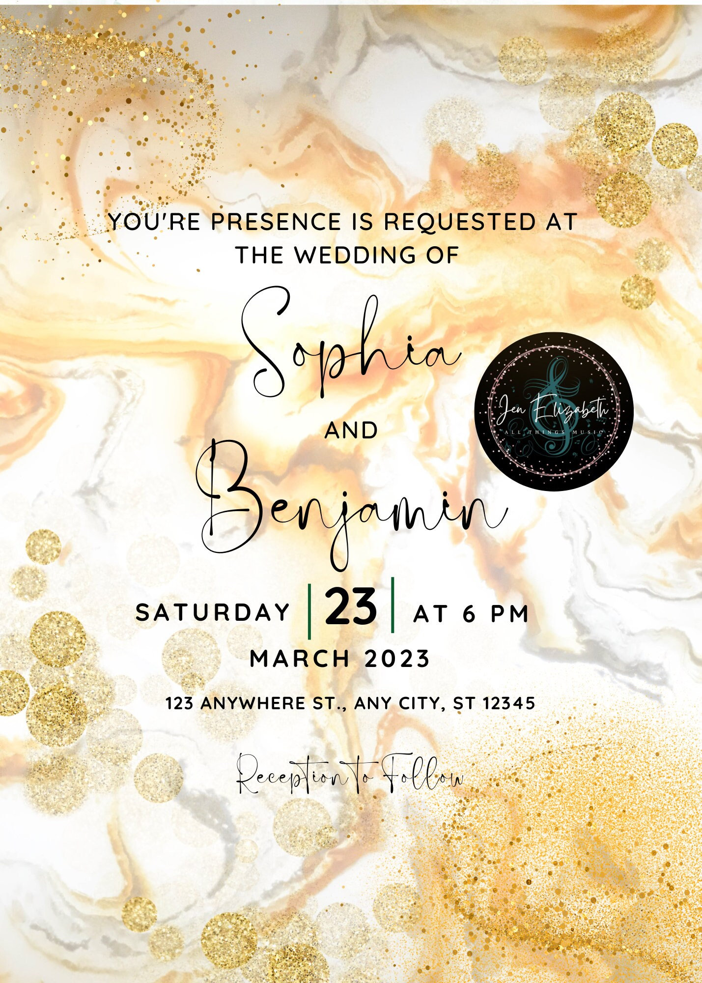 Gold Glitter Marble Wedding Invitation Template, Gold Wedding, Marble ...