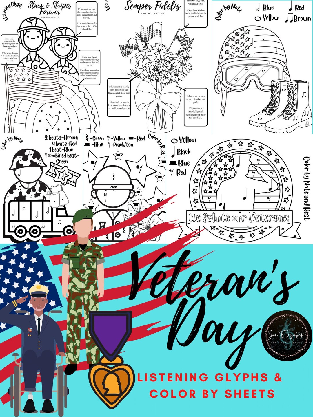 Veteran's Day/patriotic Listening Glyphs & Color by Sheets, Music ...