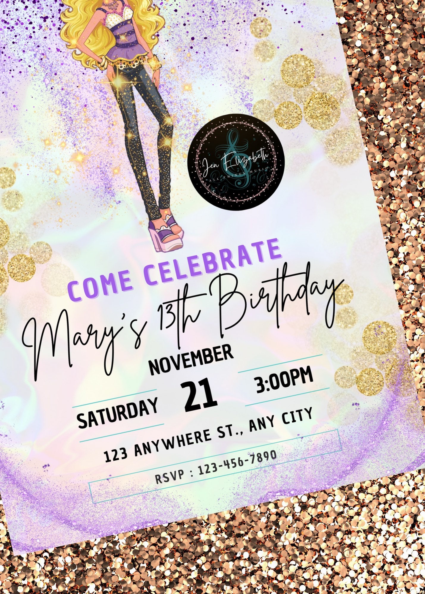 Purple Glitter Birthday Invitation Template, Teen Birthday Invitation ...