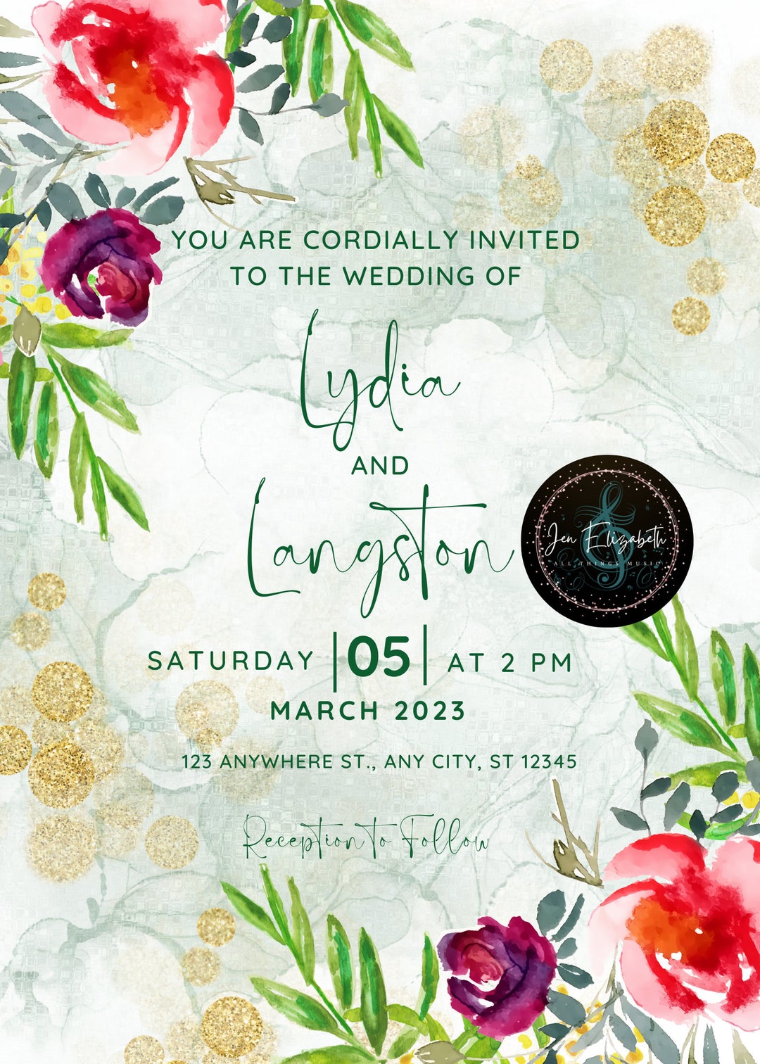 Floral Gold Speck Wedding Invitation Template, Spring Wedding, Bride and Groom, Engaged, Getting ...