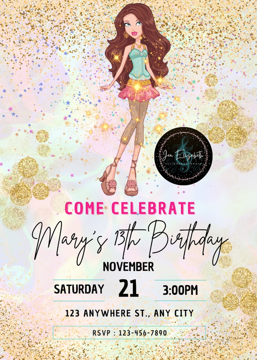 Gold Glitter Birthday Invitation, Teen Birthday Invitation, Girl ...