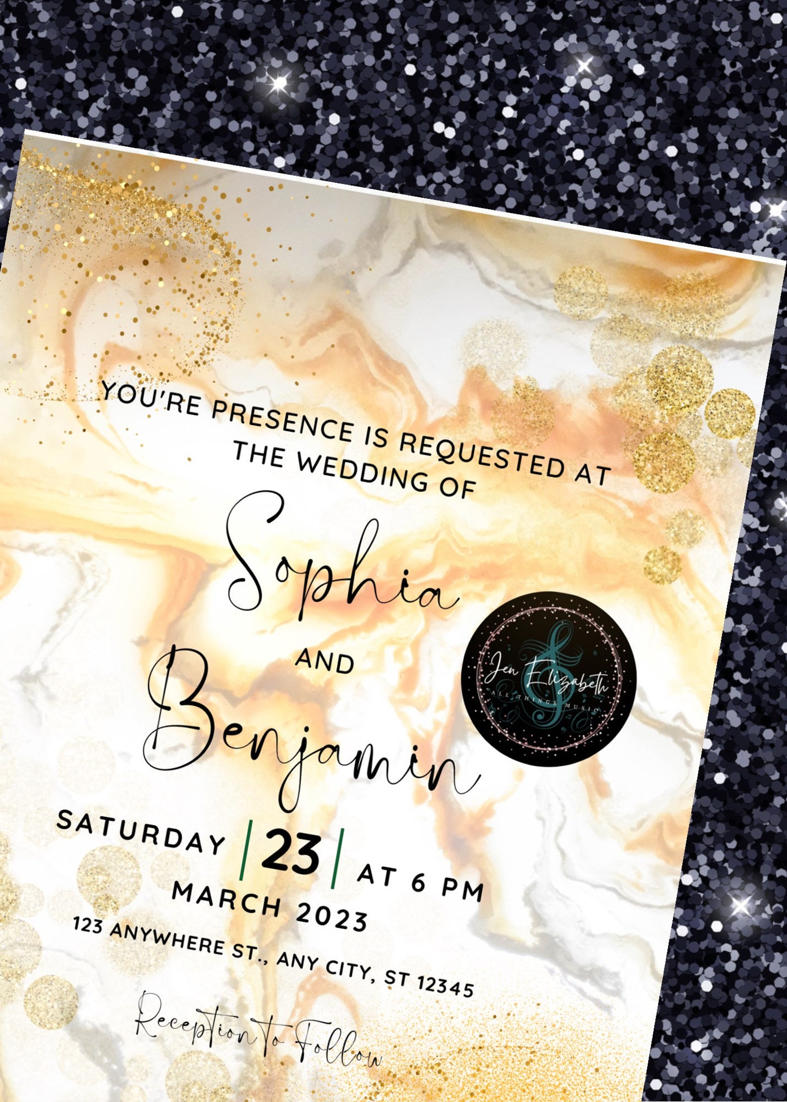 Gold Glitter Marble Wedding Invitation Template, Gold Wedding, Marble ...
