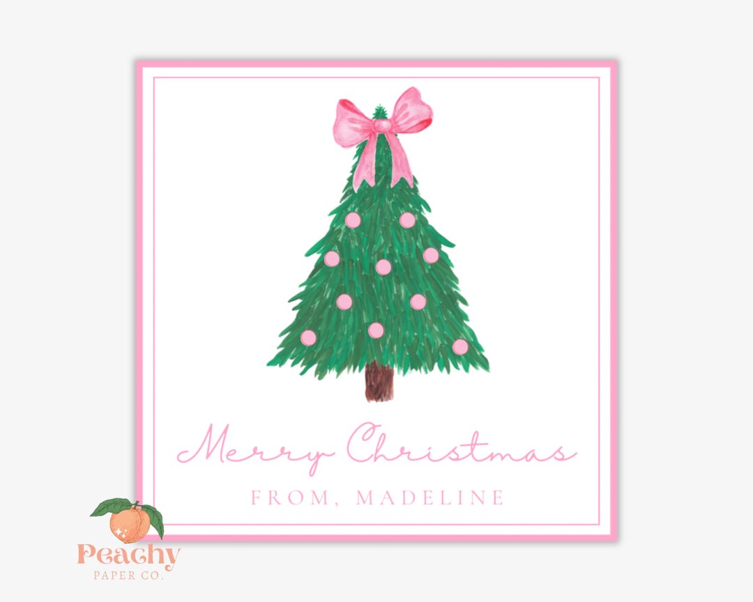 Printable Christmas Tag, Pink Bow Christmas Tree Editable Gift Tag ...