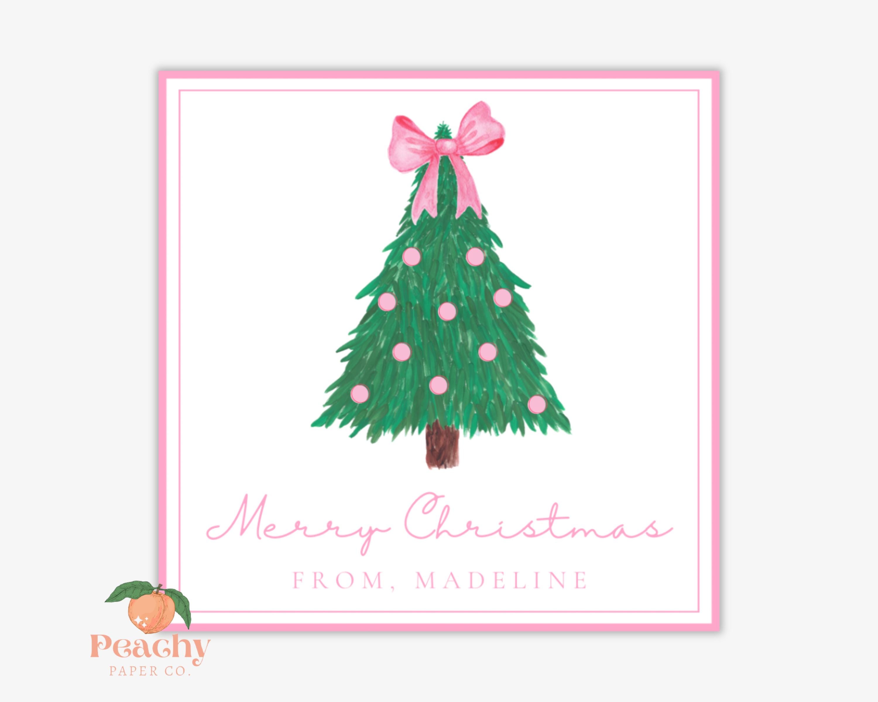 Printable Christmas Tag, Pink Bow Christmas Tree Editable Gift Tag ...