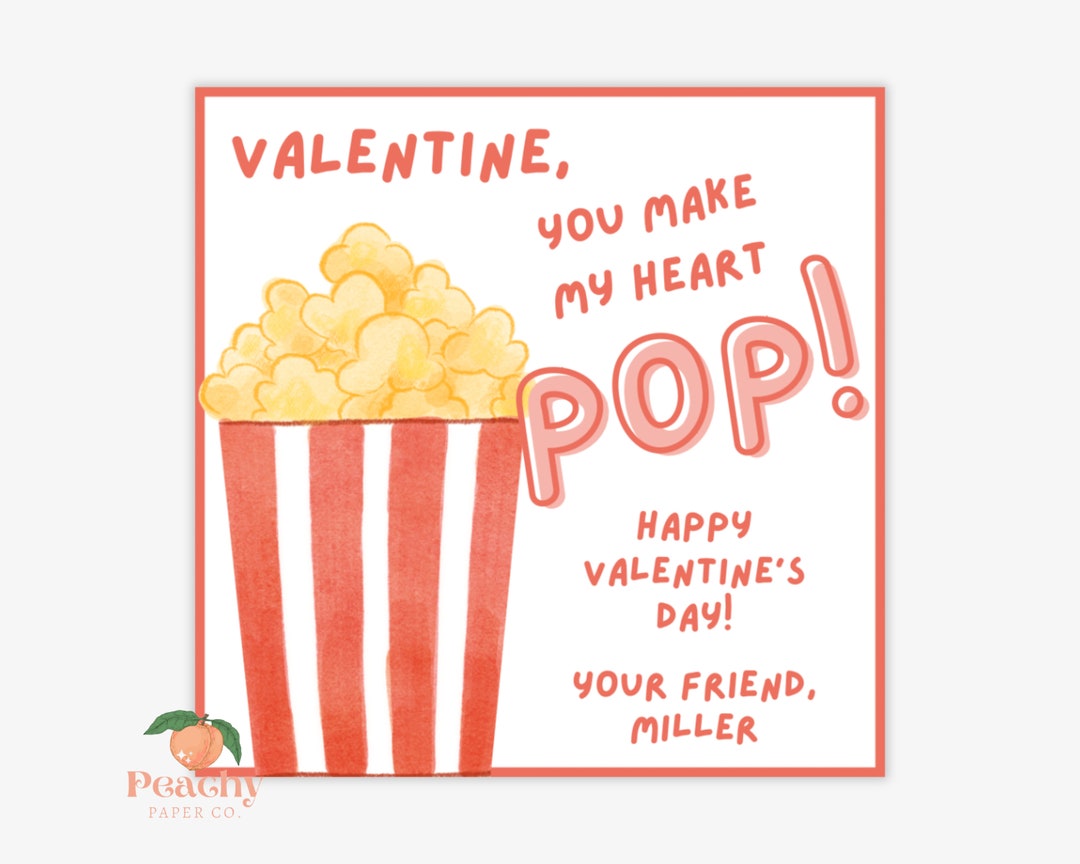 Printable Popcorn Valentine’s Day Tag, Watercolor Classroom Valentine’s ...