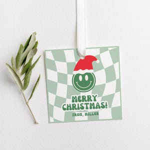 Printable Christmas Gift Tags, Green Checkered Smiley Santa Gift Tag ...