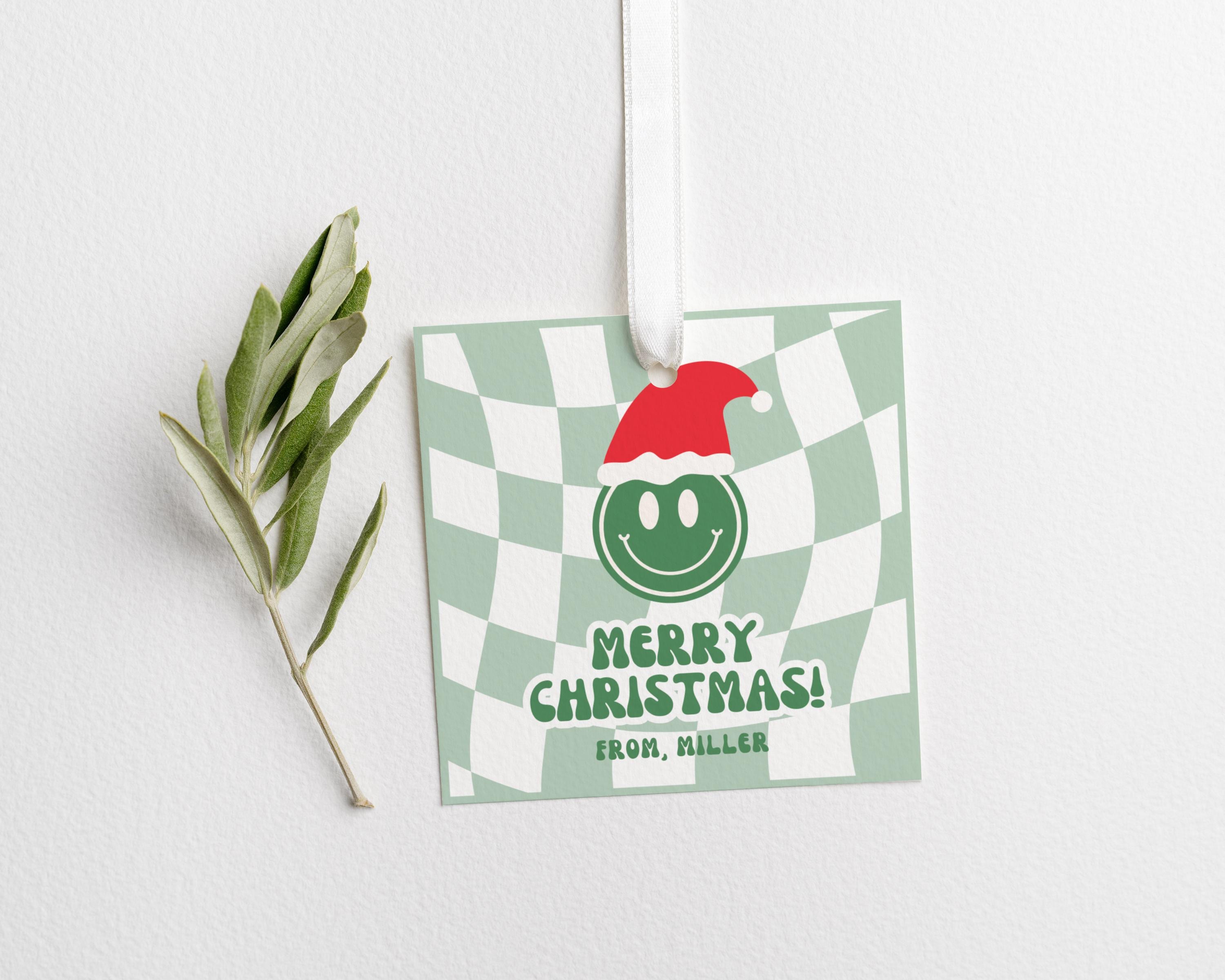 Printable Christmas Gift Tags, Green Checkered Smiley Santa Gift Tag ...