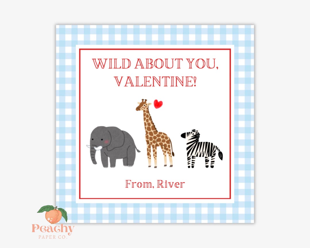 Printable Wild About You Valentine’s Day Tag, Watercolor Zoo Animal ...