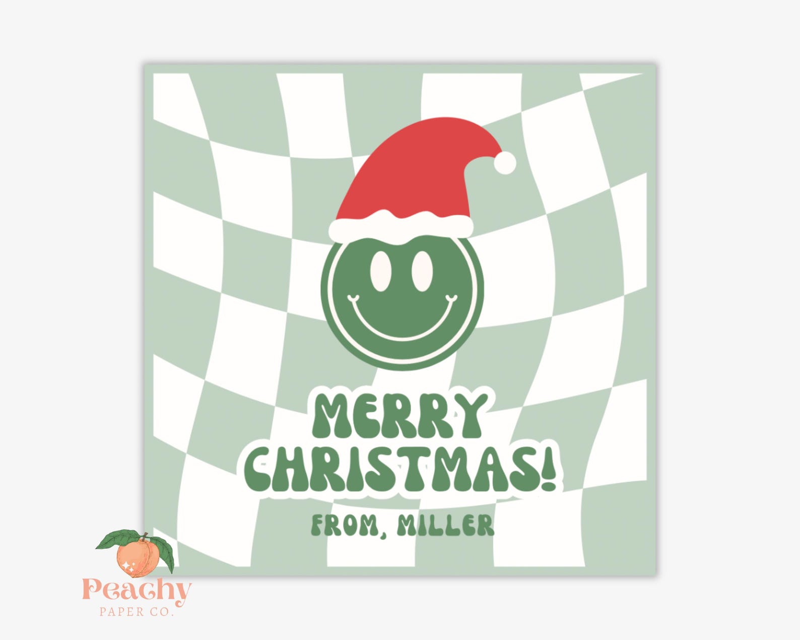 Printable Christmas Gift Tags, Green Checkered Smiley Santa Gift Tag ...