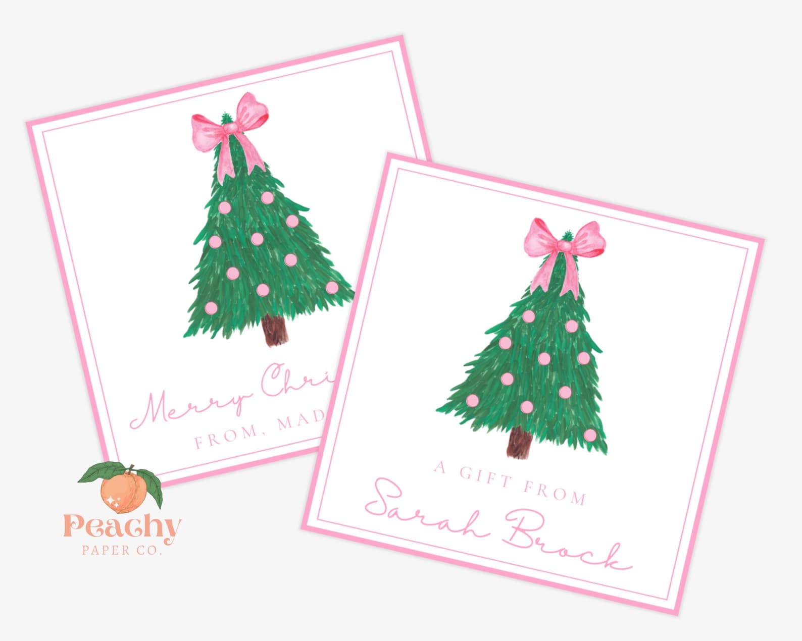 Printable Christmas Tag, Pink Bow Christmas Tree Editable Gift Tag ...