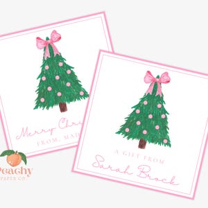 Printable Christmas Tag, Pink Bow Christmas Tree Editable Gift Tag ...