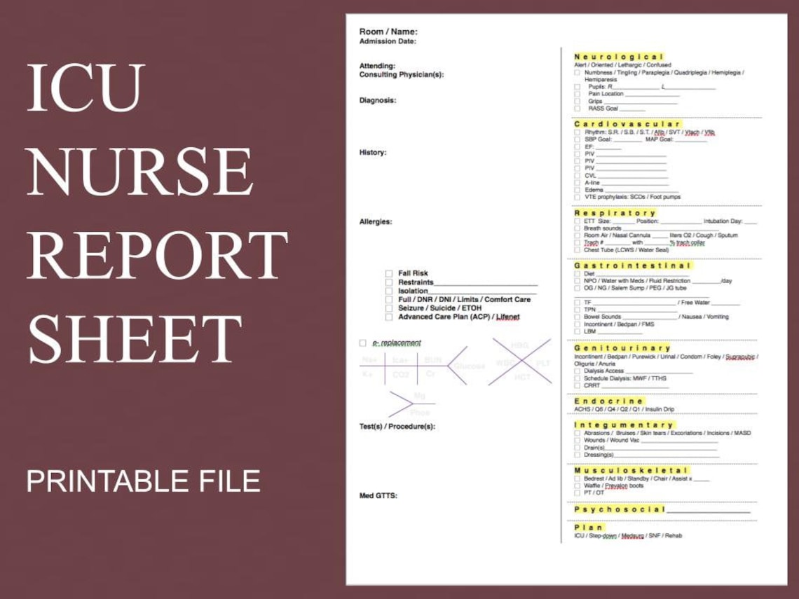 ICU Report Sheets Printable | Etsy