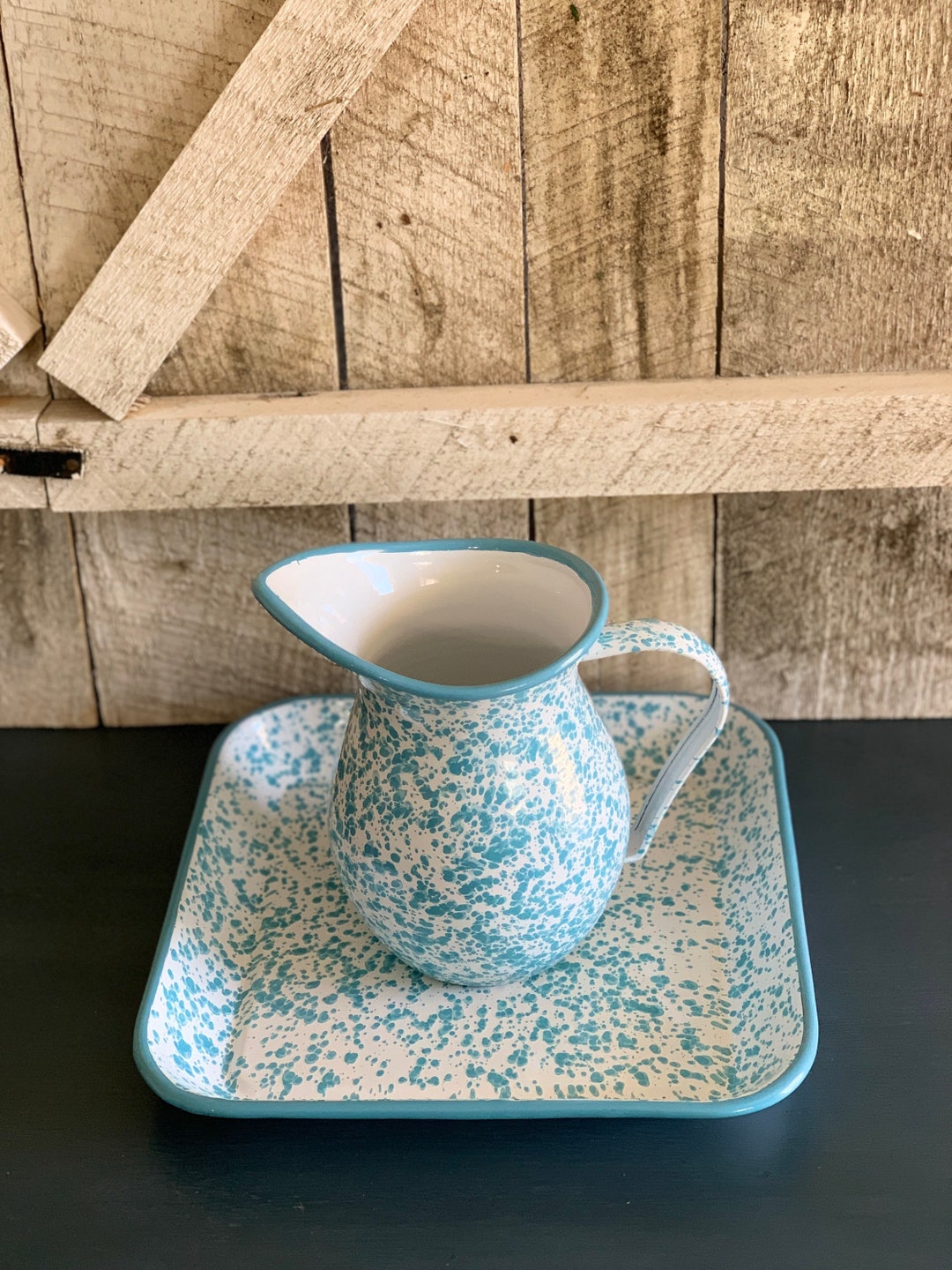 Light Blue Speckled Enamelware Set of Tray and Mini Pitcher - Etsy