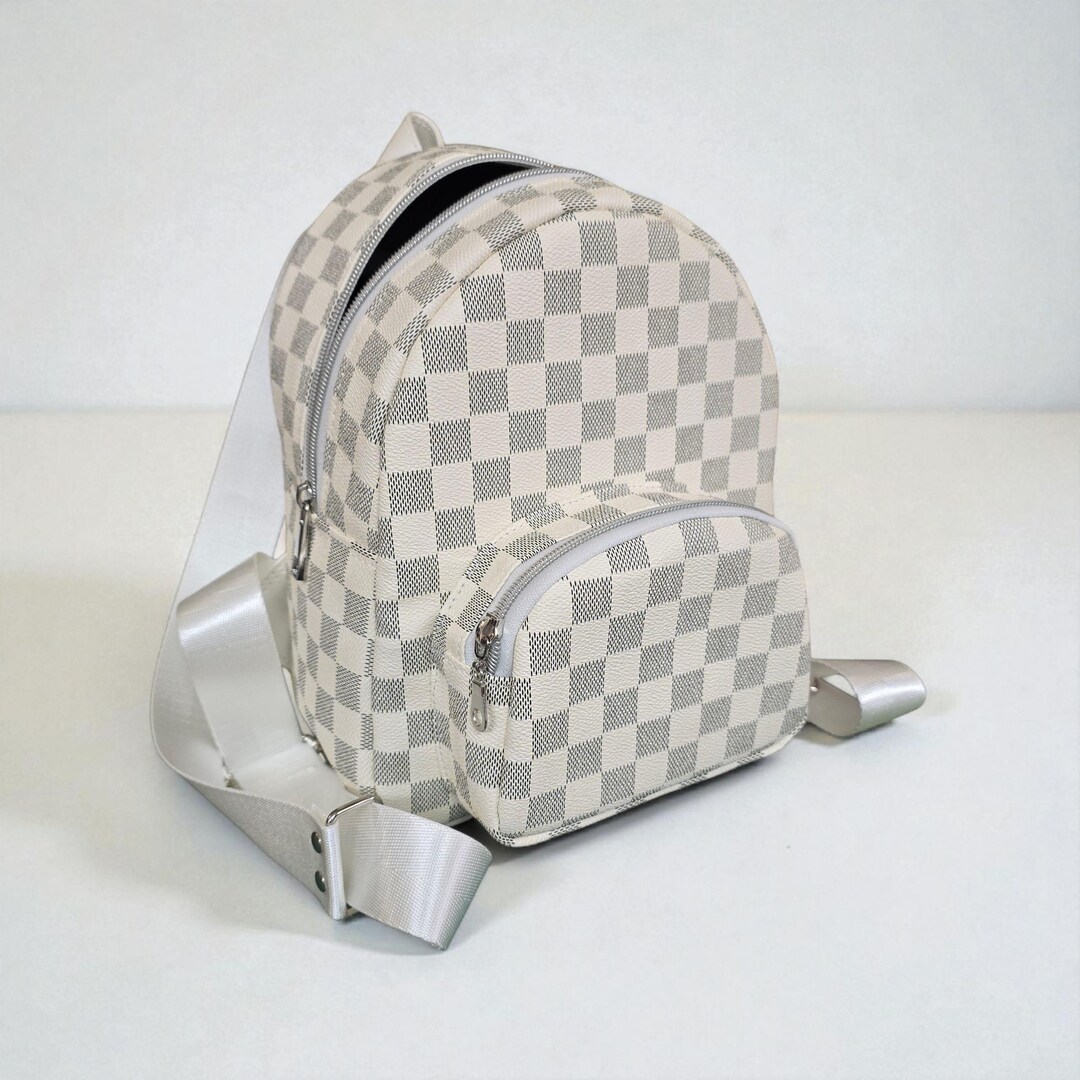 White Checkered Mini Backpack Purse, Vegan Small Rucksack - Handmade in ...