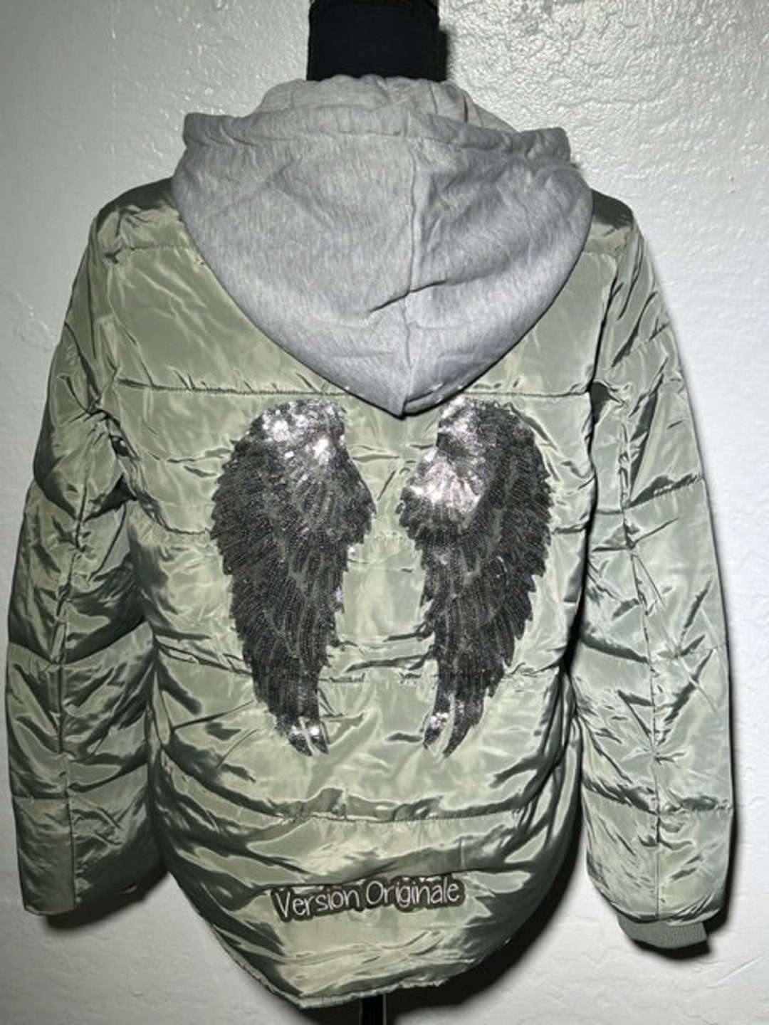 Custom Upcycled Khaki Puffer Jacket Angels Wings Sequins - Etsy