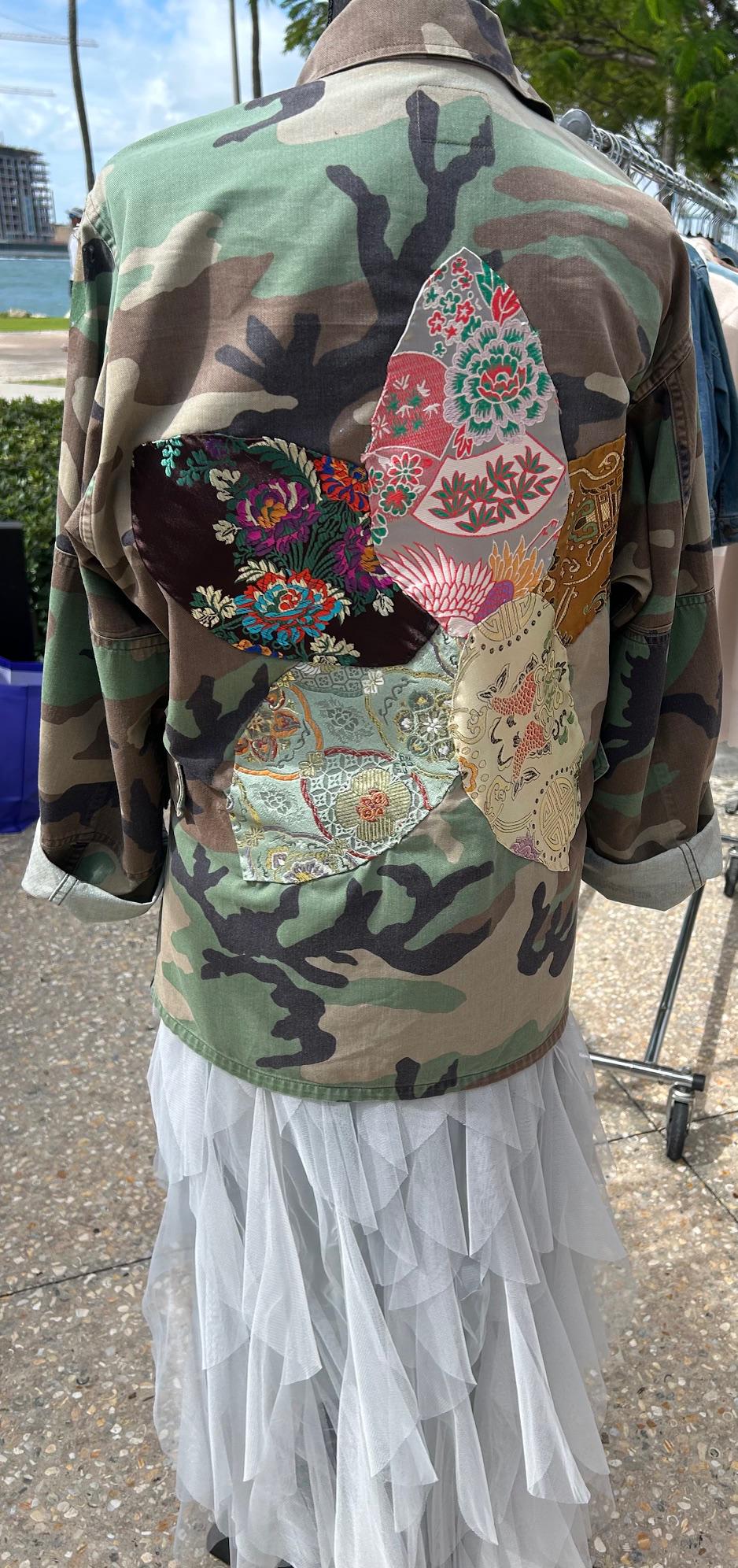 Vintage Upcycled Camo Army Jacket . Handstitched Asian Brocade Lotus ...