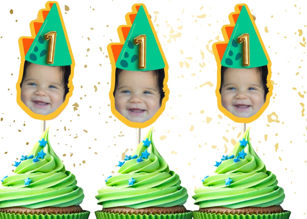 Custom Kids Face Cupcake Toppers, Dino Party Personalized Head Cupcake ...