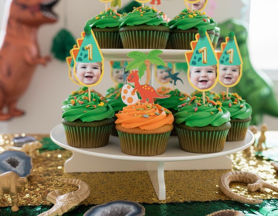 Custom Kids Face Cupcake Toppers, Dino Party Personalized Head Cupcake ...
