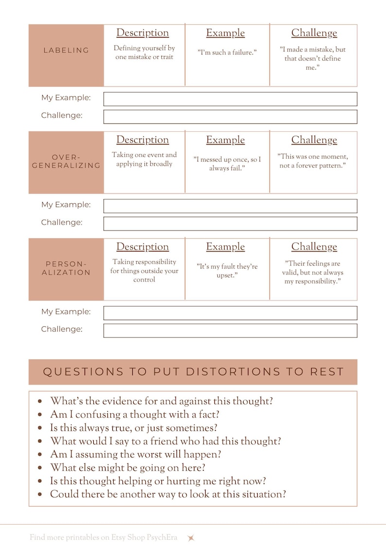 Cognitive Distortion Worksheet – Printable Therapy Tool for Challenging ...