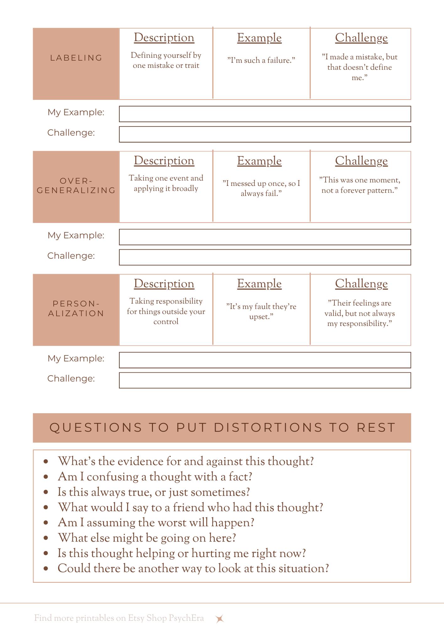 Cognitive Distortion Worksheet – Printable Therapy Tool for Challenging ...