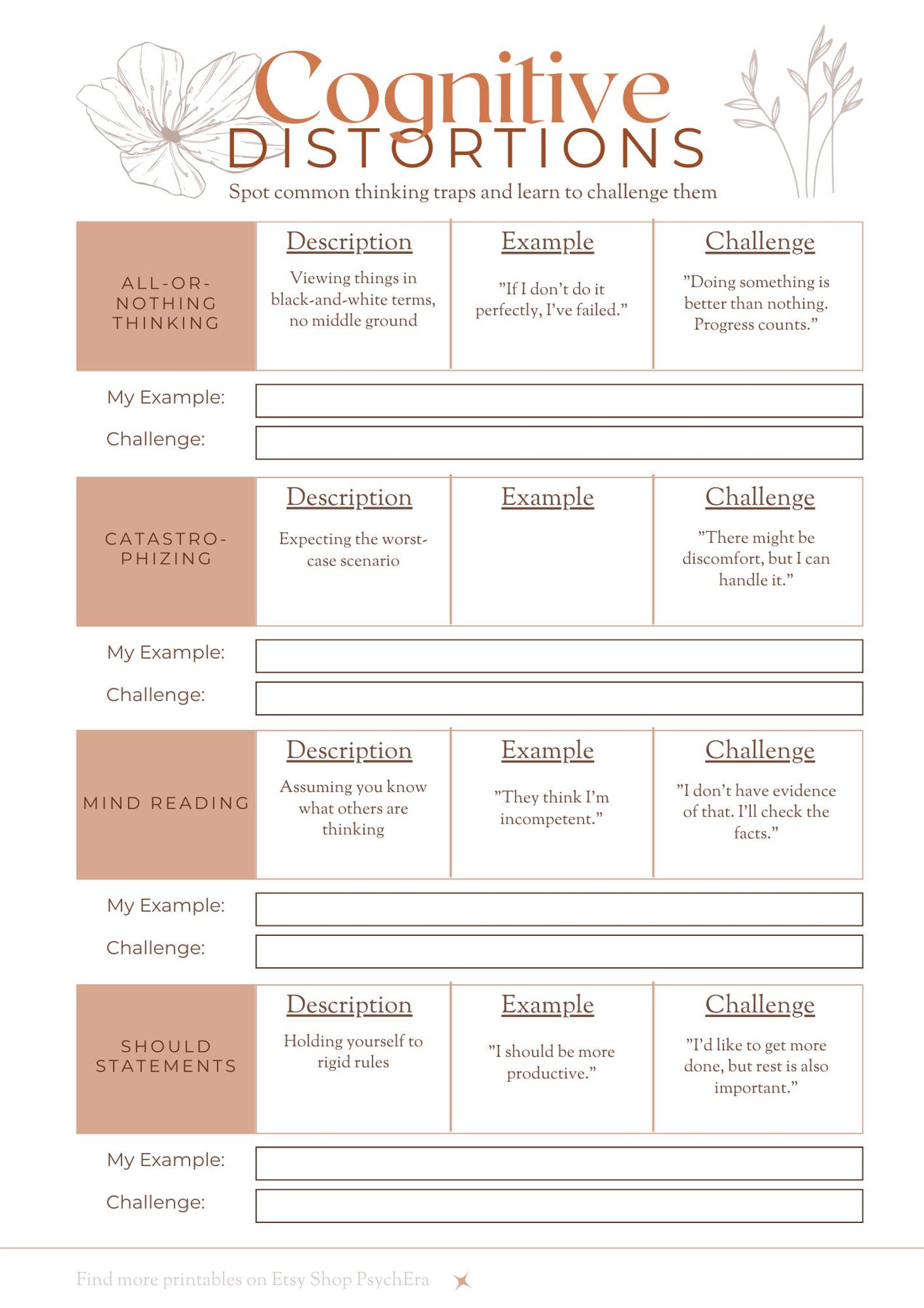 Cognitive Distortion Worksheet – Printable Therapy Tool for Challenging ...