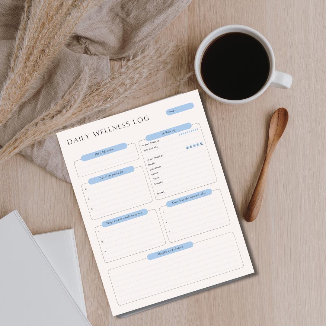 Daily Wellness Log | Printable Self-care and Health Tracker | Wellness ...