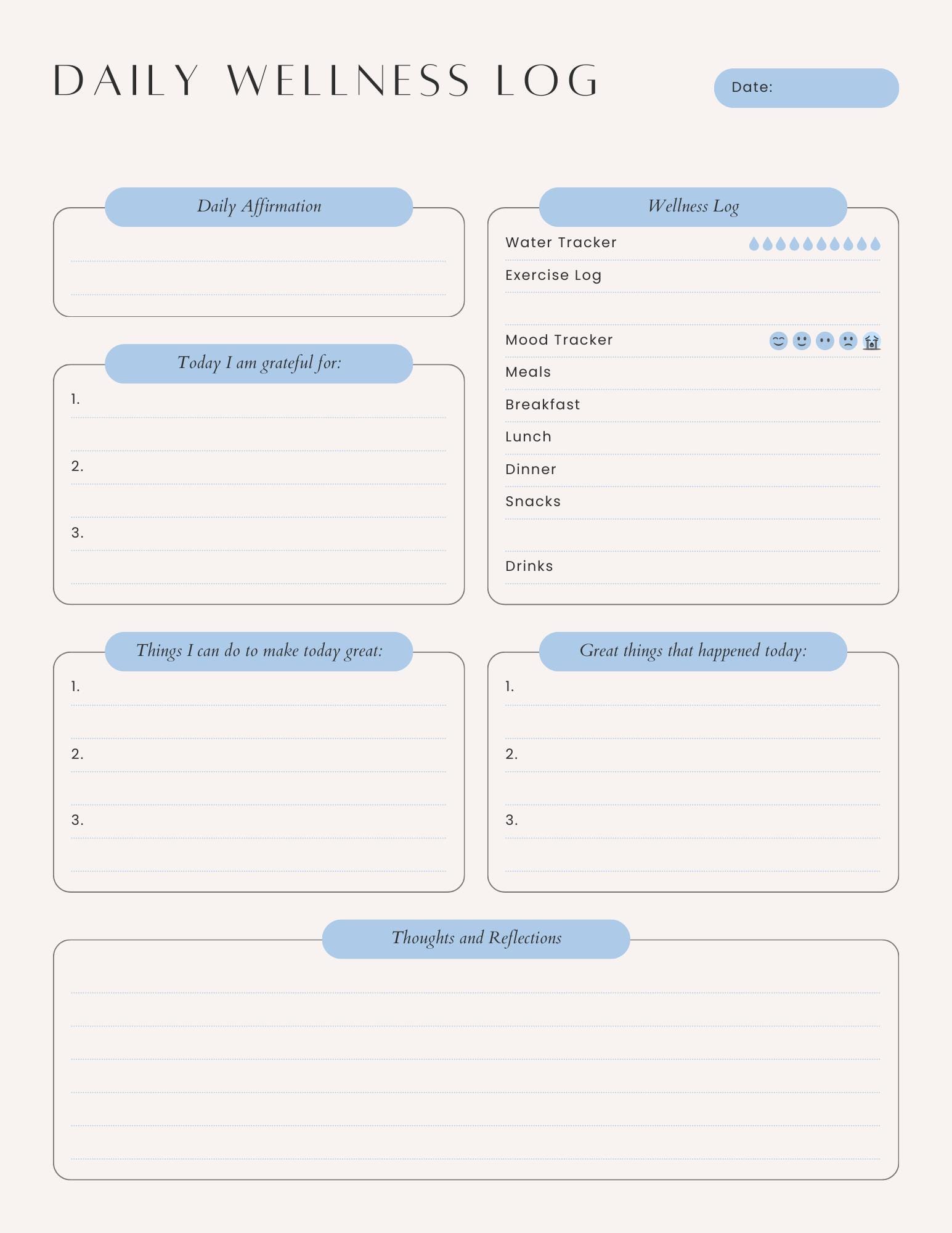 Daily Wellness Log | Printable Self-care and Health Tracker | Wellness ...