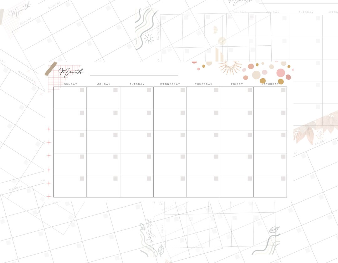 Blank Monthly Calendar, Boho, Neutral Themed, Horizontal, Printable ...