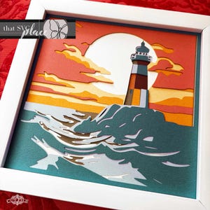 3D Lighthouse SVG, Ocean Sunset SVG, Layered Shadowbox Template, Paper ...