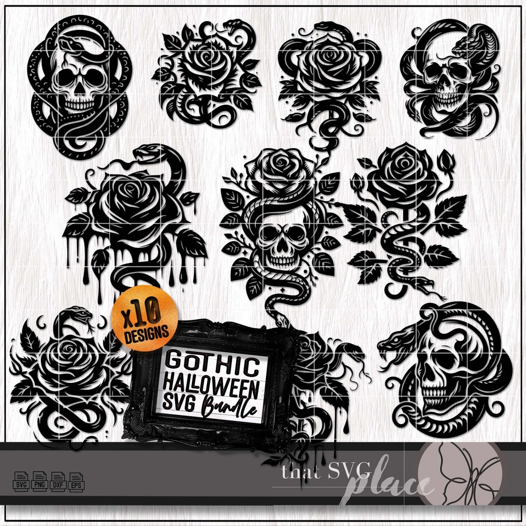 Skull SVG Bundle, Snake SVG, Gothic Rose Svg, Flowers Png, Goth Floral ...