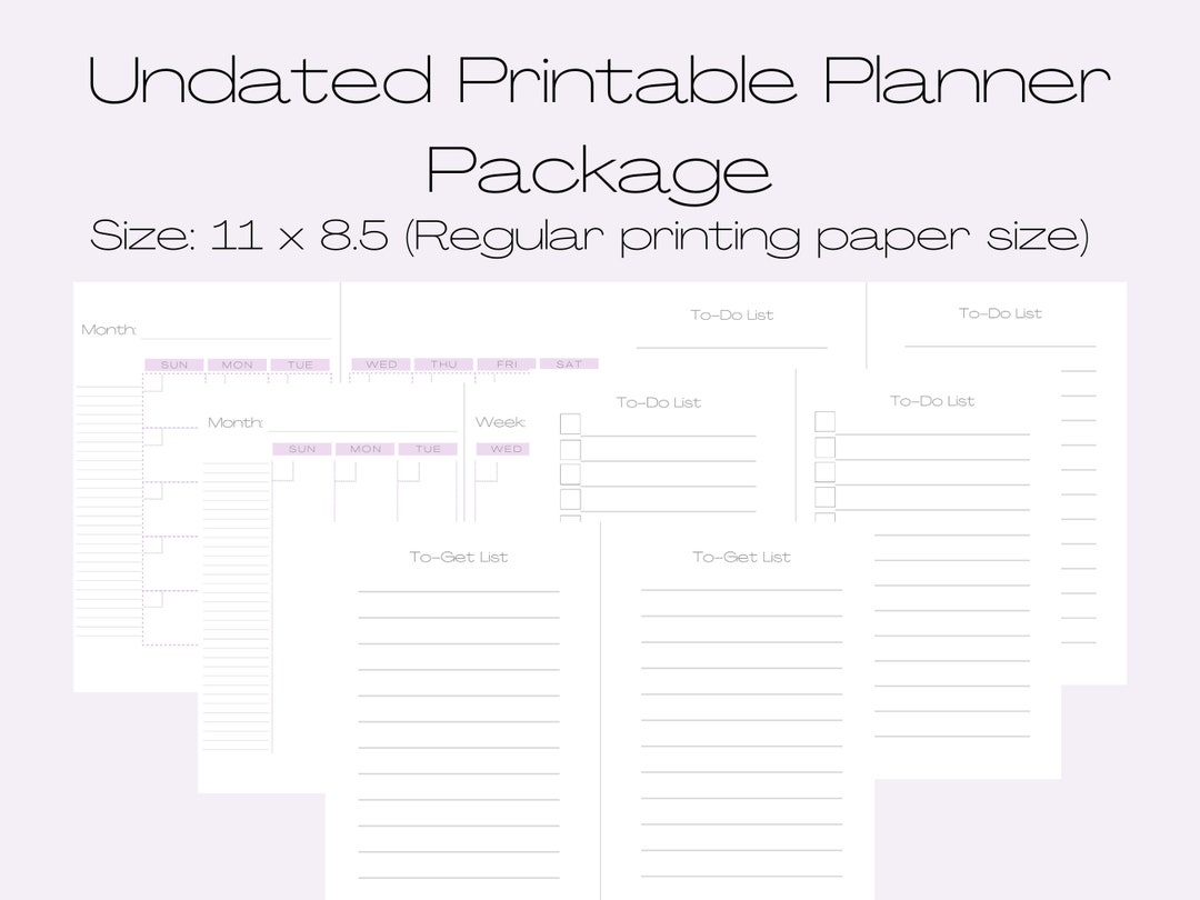 Printable Undated Blank Split Page Planner Package - Undated Calendar ...