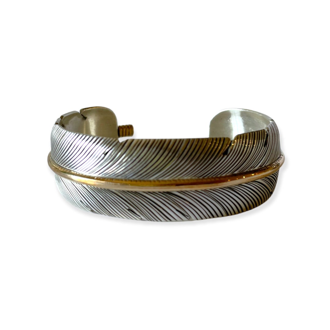 Stamped Sterling Silver and 12K Gold Filled Feather Cuff Bracelet by ...