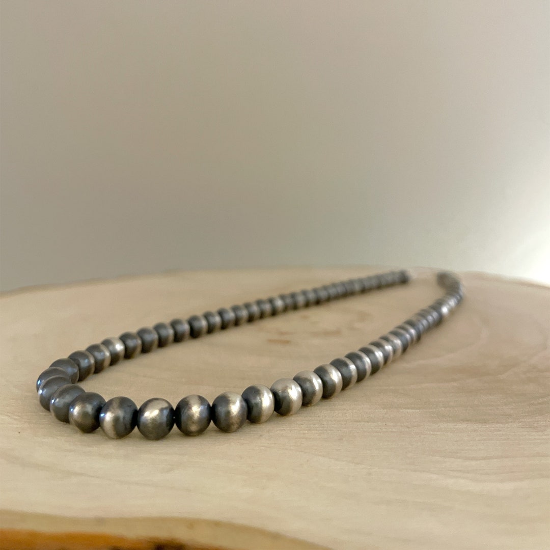 Hand Strung 16" Navajo Pearls Necklace – 6mm Oxidized Sterling Silver ...