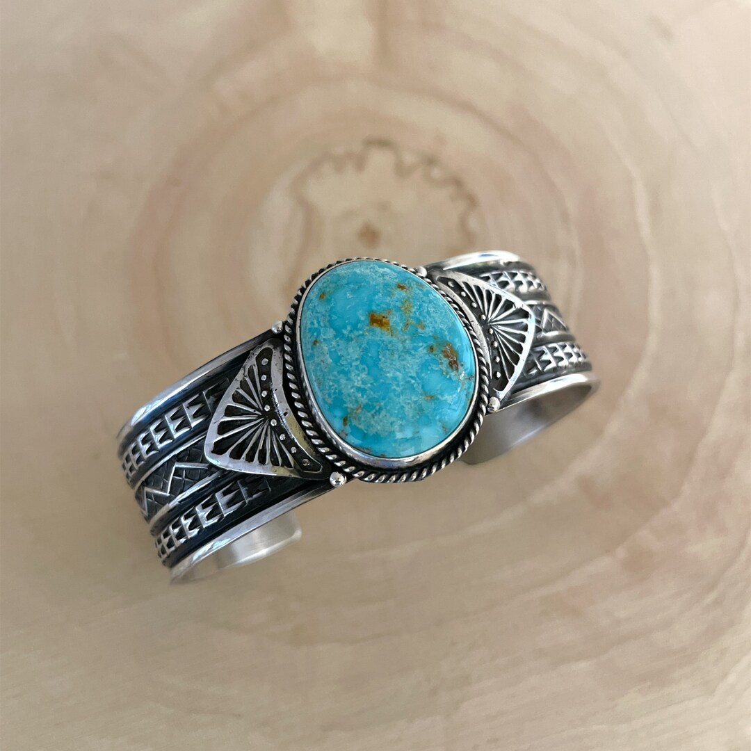 Stamped Kingman Turquoise Cuff Bracelet by Sunshine Reeves 5.4 ...