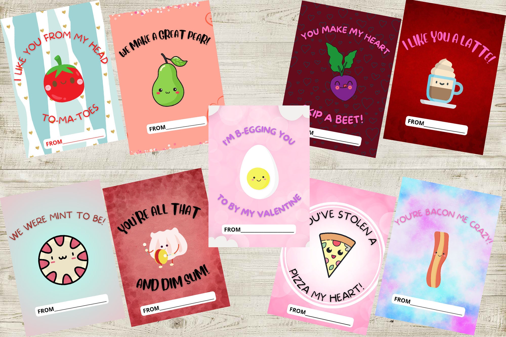 Kids Kawaii Foods Cute Valentines Cards, Kids Valentines Cards, Nine ...