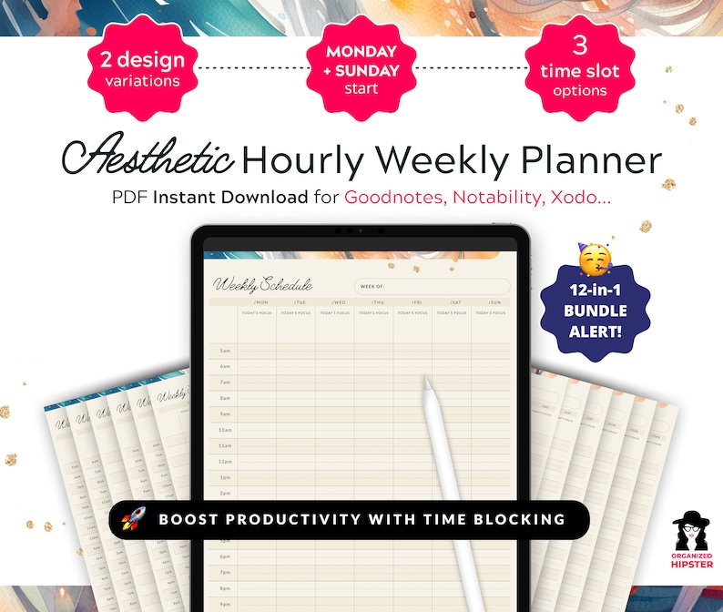Hourly Weekly Planner, Time Blocking, Goodnotes, Notability, Xodo ...
