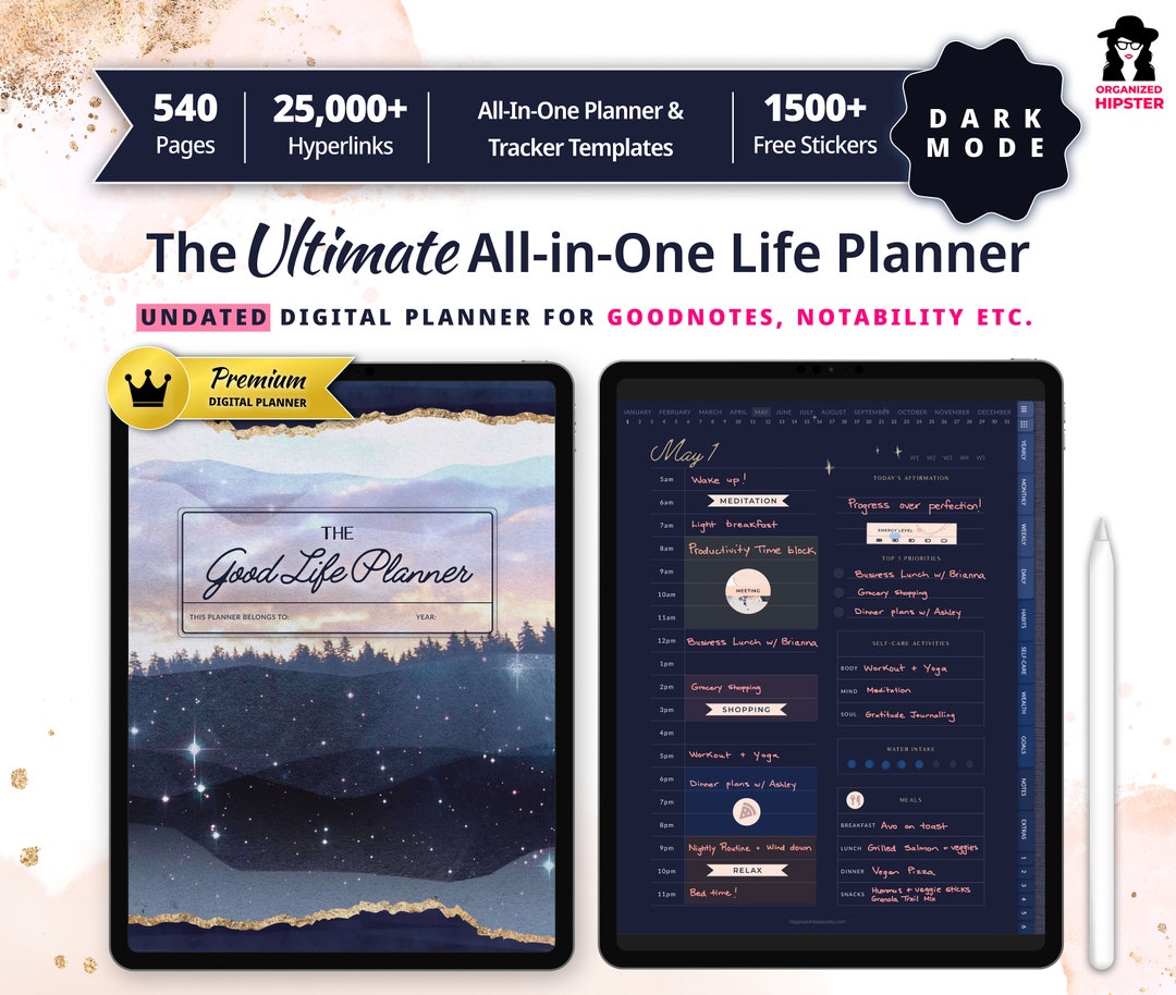 UNDATED All in One Digital Planner DARK MODE iPad Planner Goodnotes ...