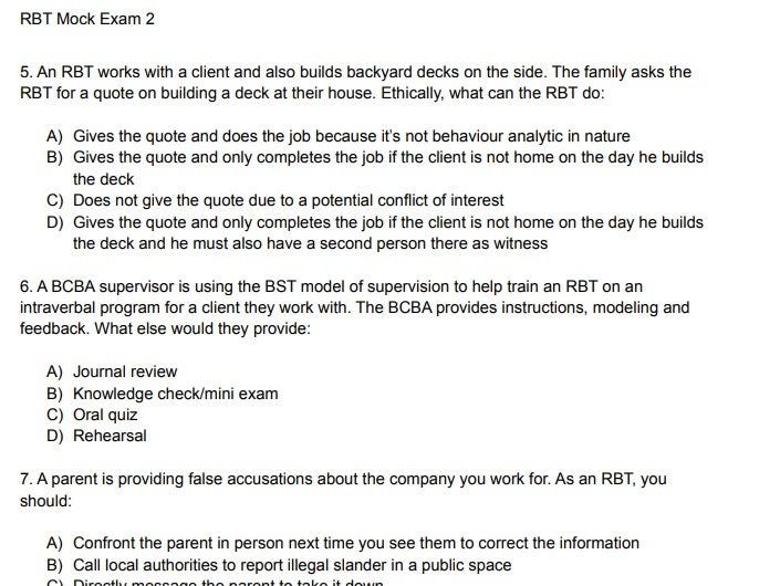 Registered Behavior Technician Mock Exam 2 Package RBT Mock Exam 2 85 ...