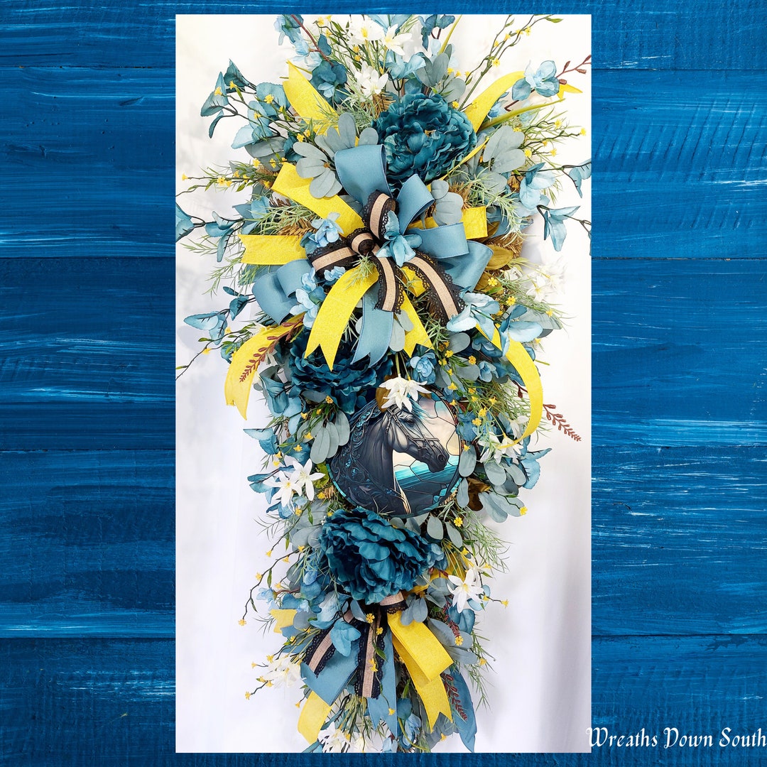 Rustic Farmhouse Stallion Horse Stained Glass Teardrop Swag Wreath Door ...