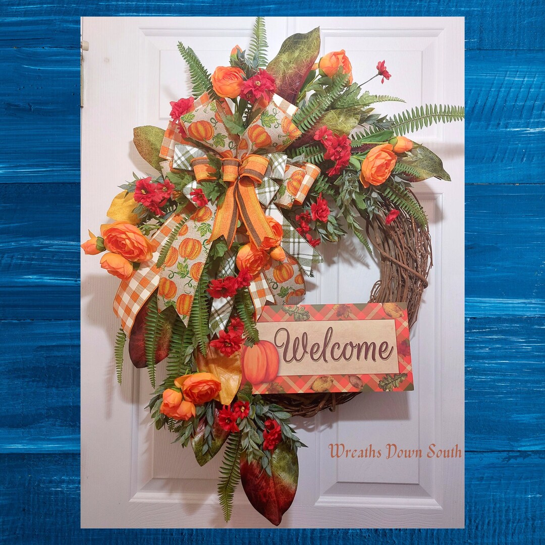 Front Door Fall Welcome Pumpkin Grapevine Wreath, Fall Pumpkin Decor ...