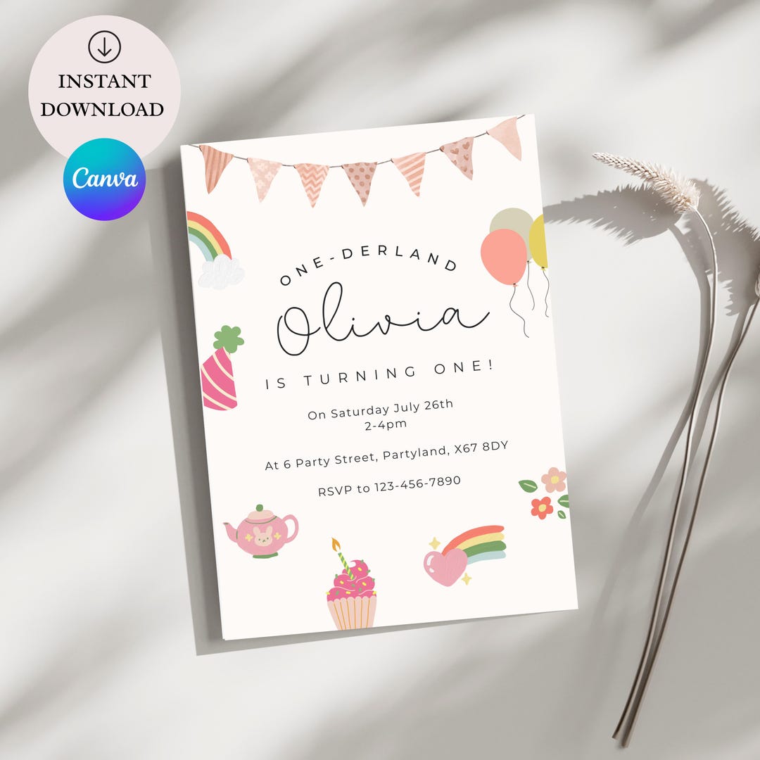 Pink Rainbow One-derland Birthday Invitation | First Birthday, Tea ...
